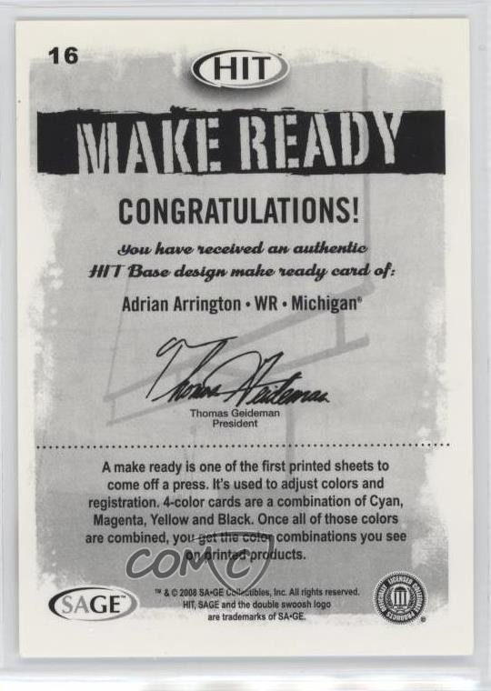 2008 SAGE Hit Make Ready Magenta /50 Adrian Arrington #16 Rookie RC ...