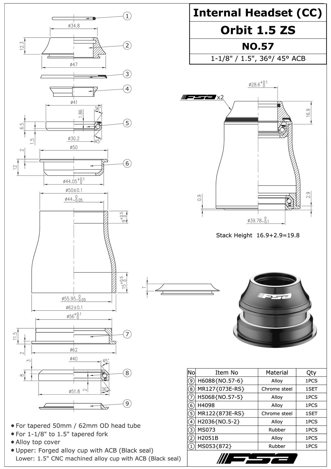FSA No.57 Orbit Headset Sealed Bearing 1-1/8"-1.5" Tapered Integrated ...