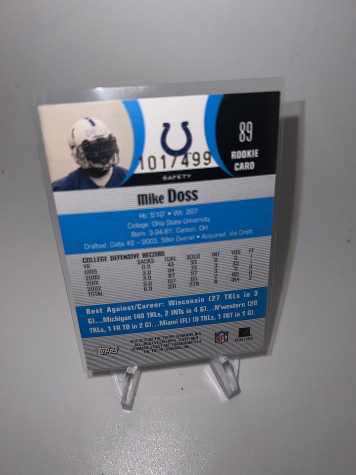 2003 Bowman's Best Blue Indianapolis Colts Football Card #89 Mike Doss ...