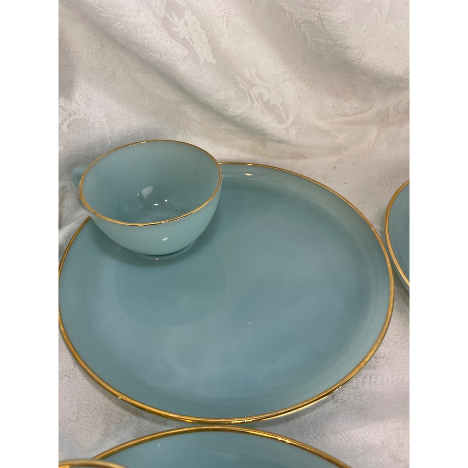 Fire King MCM Cups Plates Blue Delphite 22K Gold 8 Piece Snack Set | eBay