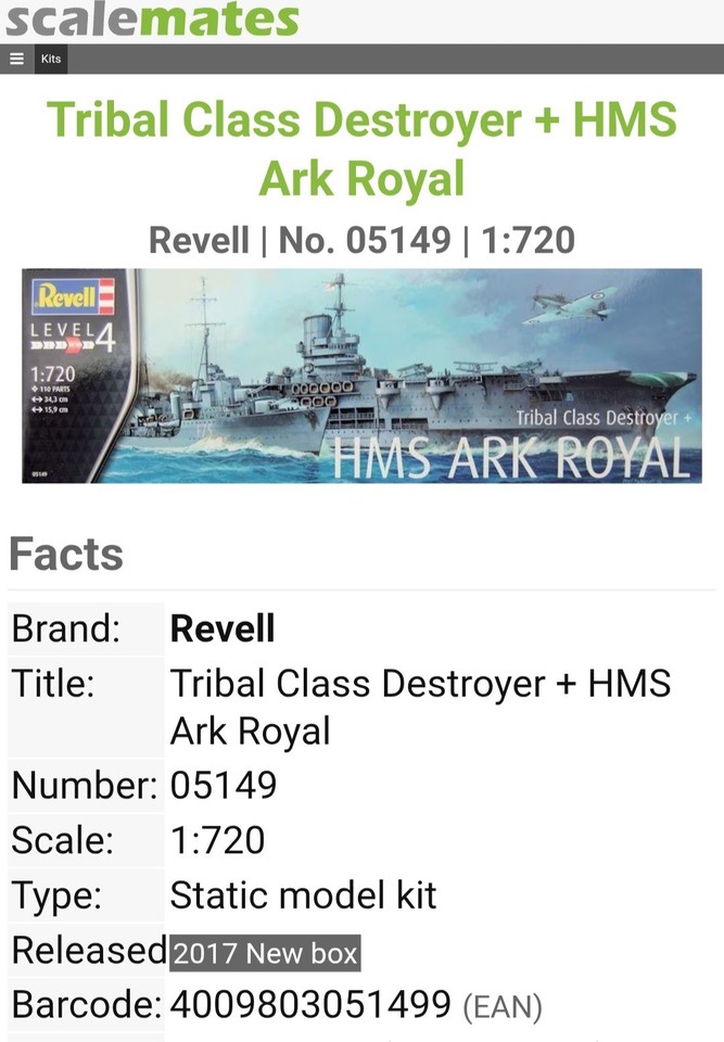 2017 Revell Tribal Class Destroyer + HMS Ark Royal 1:720 Scale Kit ...