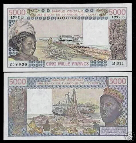 BENIN West African States 5000 FRANCS P-208B 1992 Boat UNC WAS Currency ...