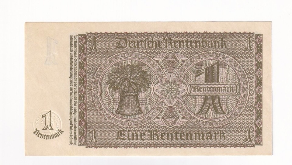 German 1937 Series 1 Mark Rentenmark Banknote — No Folds / Close to ...