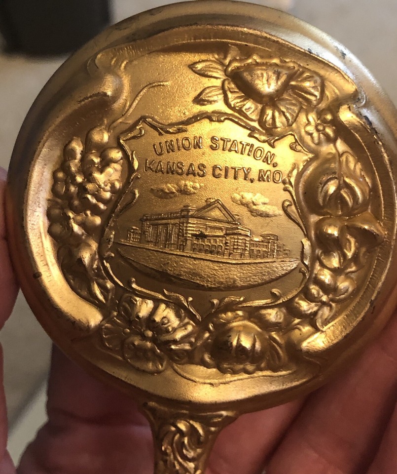 Antique Gold Tone Small Souvenir Mirror Union Station Kansas City ...