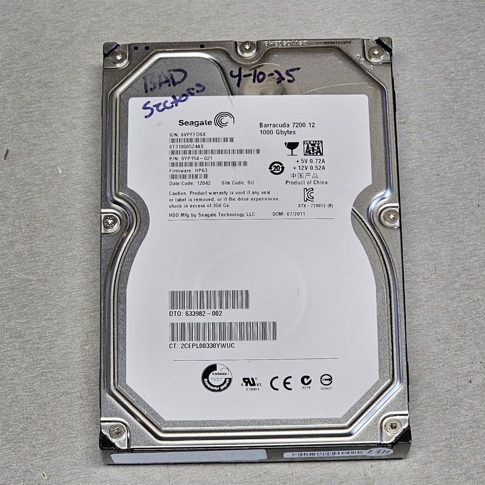 Seagate Barracuda 7200.12 1000GB ST31000524AS Hard Drive 3.5" Sata (Bad ...