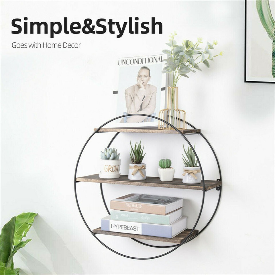 Circle Rustic Decor Floating Wall Shelves Metal Storage Rack Bedroom ...