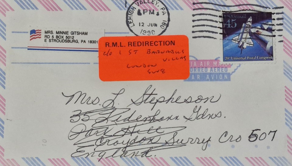 Stamp Addressed Airmail Envelope From USA with Redirection Label ...