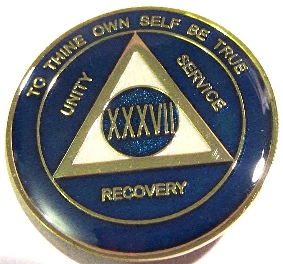 Alcoholics Anonymous 37 Year BLUE AA Medallion Coin Token Chip Sobriety ...