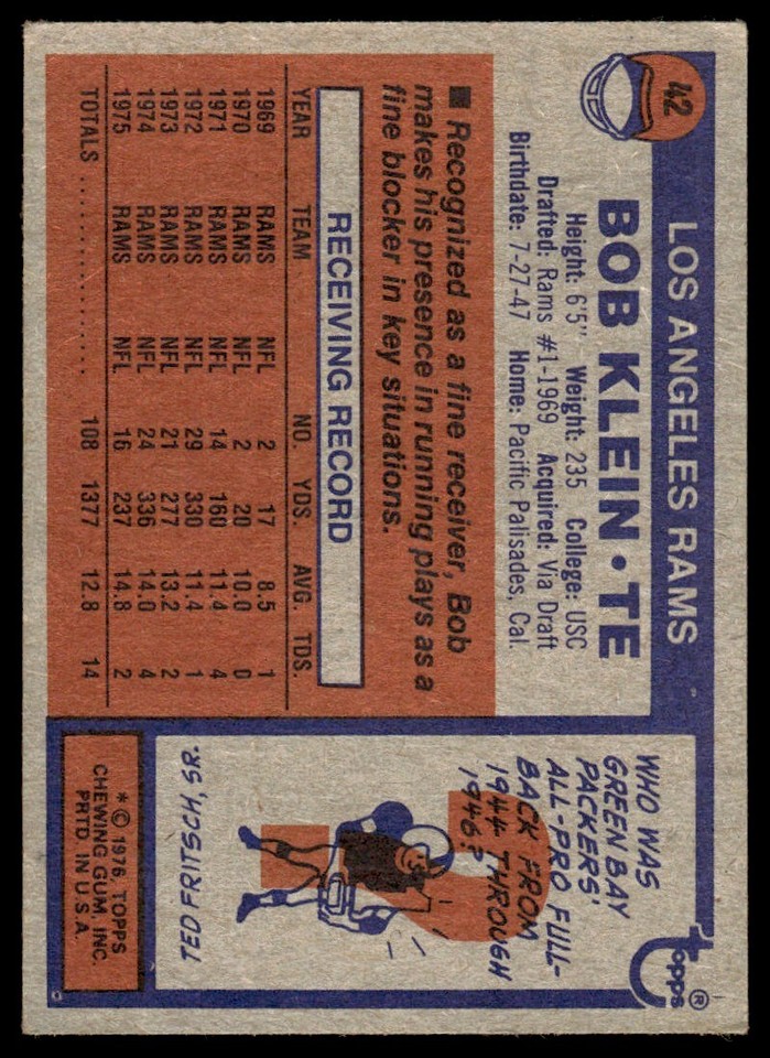 1976 Topps Bob Klein Los Angeles Rams #42 | eBay
