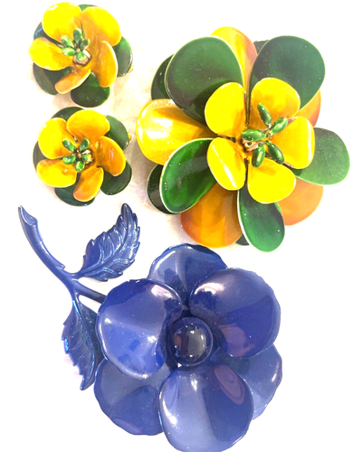 VTG LOT big jewelry FLOWER POWER 60s GLAM! GREEN YELLOW BLUE PINS ...