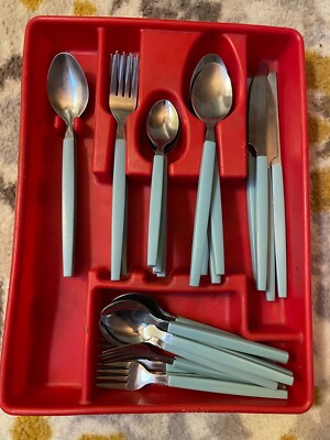 Vintage stainless bakelite silverware flatware 30 piece set blue mid ...