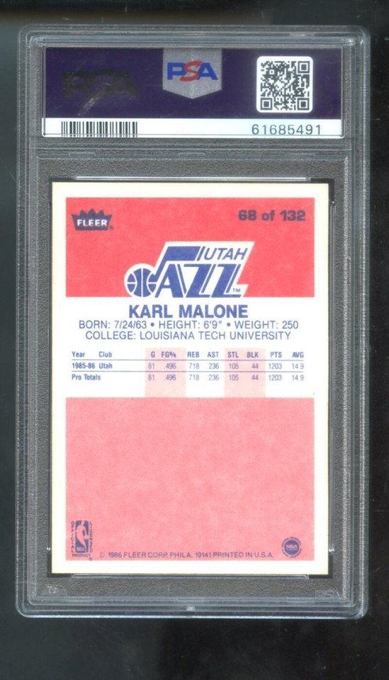 1986-87 Fleer #68 Karl Malone ROOKIE RC PSA 6 Graded Basketball Card ...