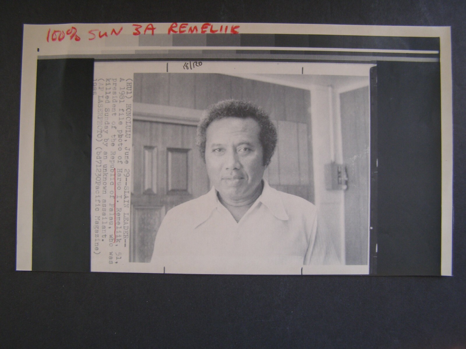 AP Wire Press Photo 1985 Honolulu Haruo I Remeliik Pres of Rep of Palau ...