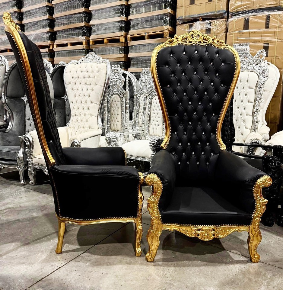 Throne Chair French Style Black Leather High-Back Tufted Gold Throne | eBay