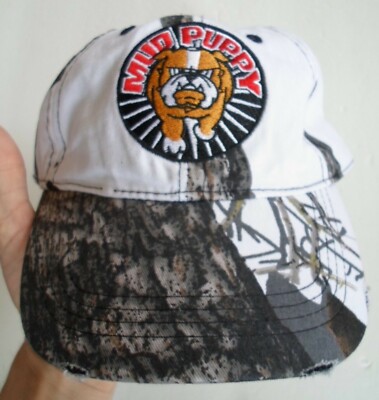 DISTRESSED MUD PUPPY EMBROIDERED BULL DOG ADJUSTABLE HAT CAP, SNOW CAMO ...
