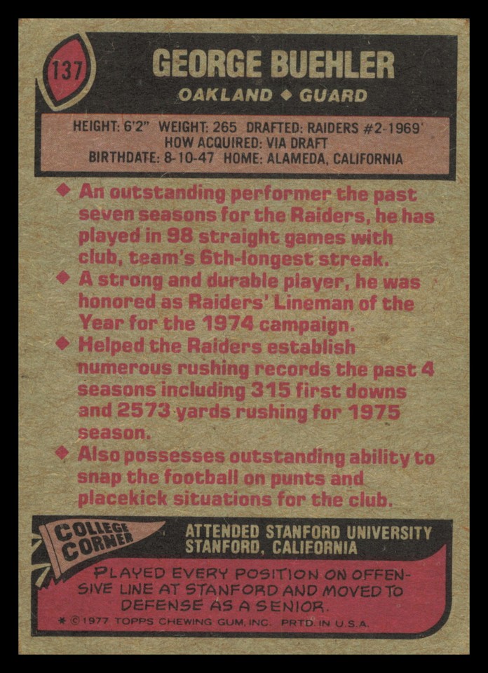 1977 Topps Football #137 George Buehler Oakland Raiders | eBay