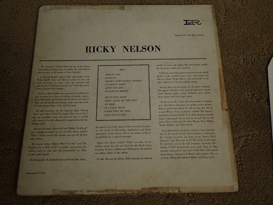 Ricky Nelson / Self - Titled / Vinyl LP / 1958 / LP 9050 | eBay