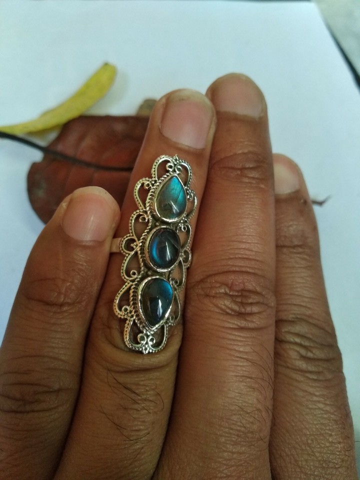 Labradorite Ring,Three Stone Ring,Long Ring,Wedding Ring,Antique Ring ...