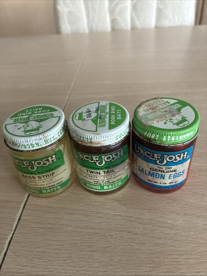 3 Vintage Uncle Josh Pork Rind Fishing Bait Glass In Bottle Lot of 3 ...