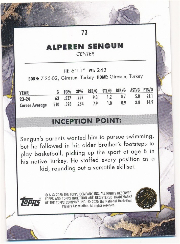 ALPEREN SENGUN 2024-25 TOPPS INCEPTION PURPLE #73 SP BASKETBALL #076/ ...