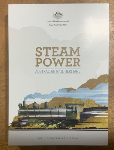 AUSTRALIAN: 50 CENTS SET OF 7 STEAM POWER TRAIN COIN SERIES IN FOLDER # ...