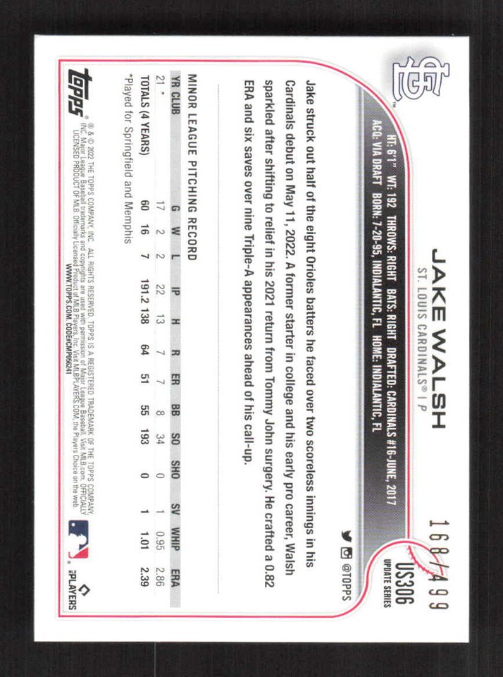 Jake Walsh 2022 Topps Update Green Foil St. Louis Cardinals #/499 ...