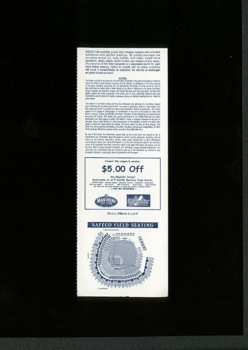 4-2-2001 Oakland A's @ Seattle Mariners Ticket - Ichiro Suzuki Debut ...