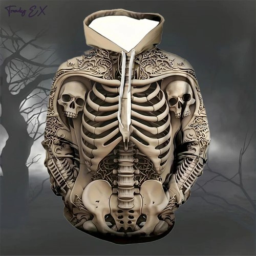 Men's 3d Skeleton Skull Print Hoodie - Relaxed Fit, Polyester Size S ...