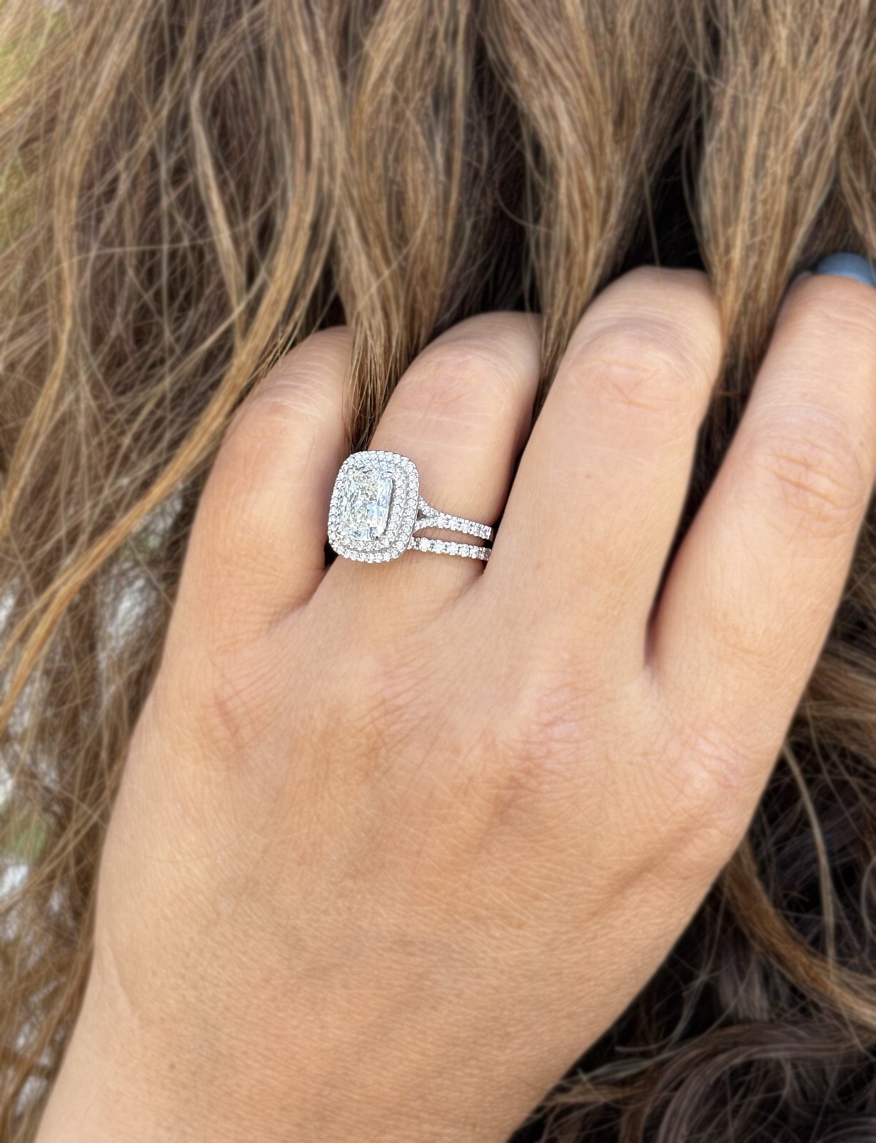 14K White Gold Cushion Cut Simulated Diamond Engagement Ring And Band ...