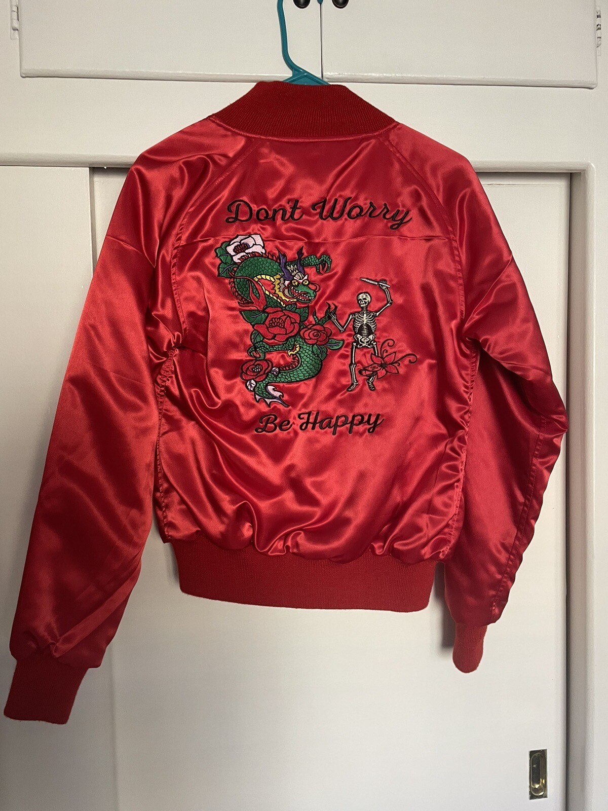 Satin Burgundy Bomber Jacket “Don’t worry Be happy” E… - Gem