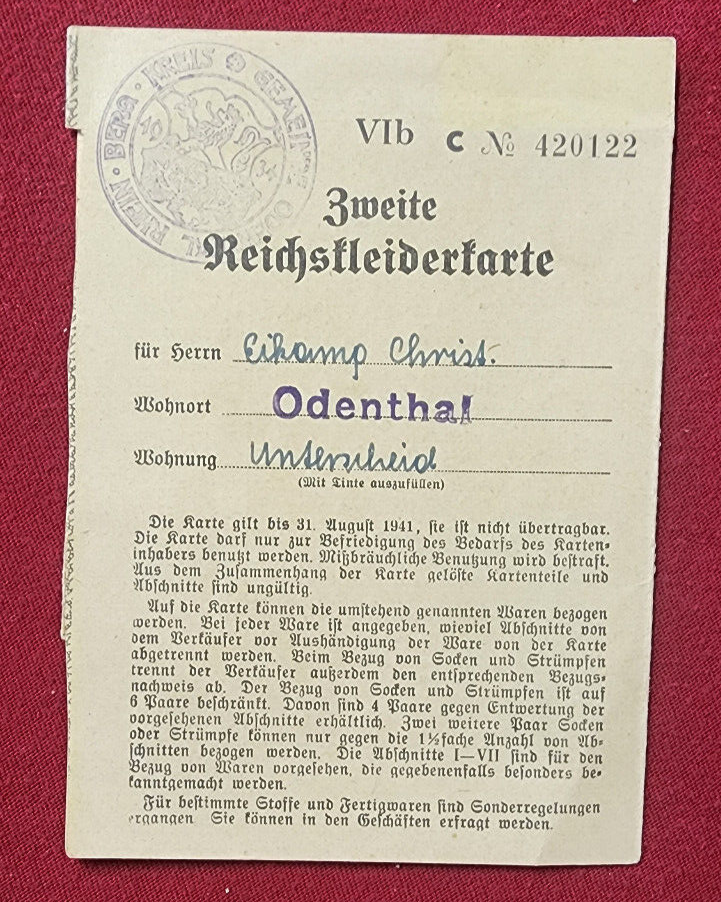 WW2 WWII German Third Reich Clothing Uniform Military war Rations card ...
