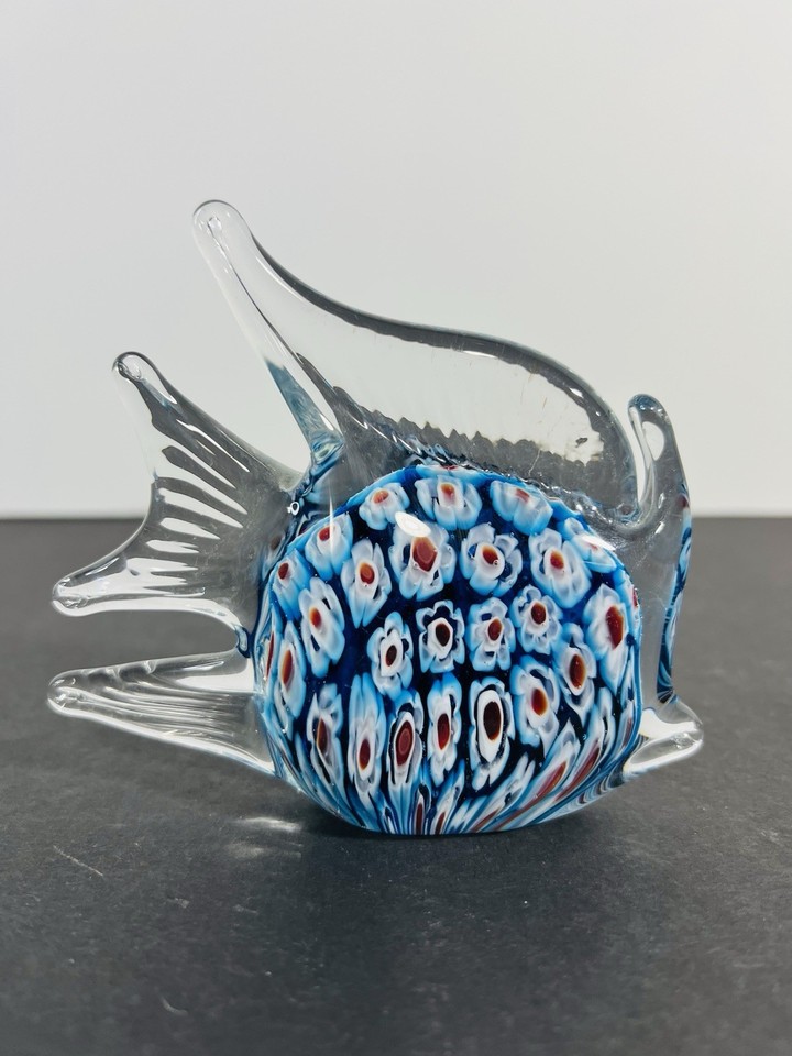 Murano Style Millefiori Glass Fish Blue Art Glass Paperweight/Figurine ...
