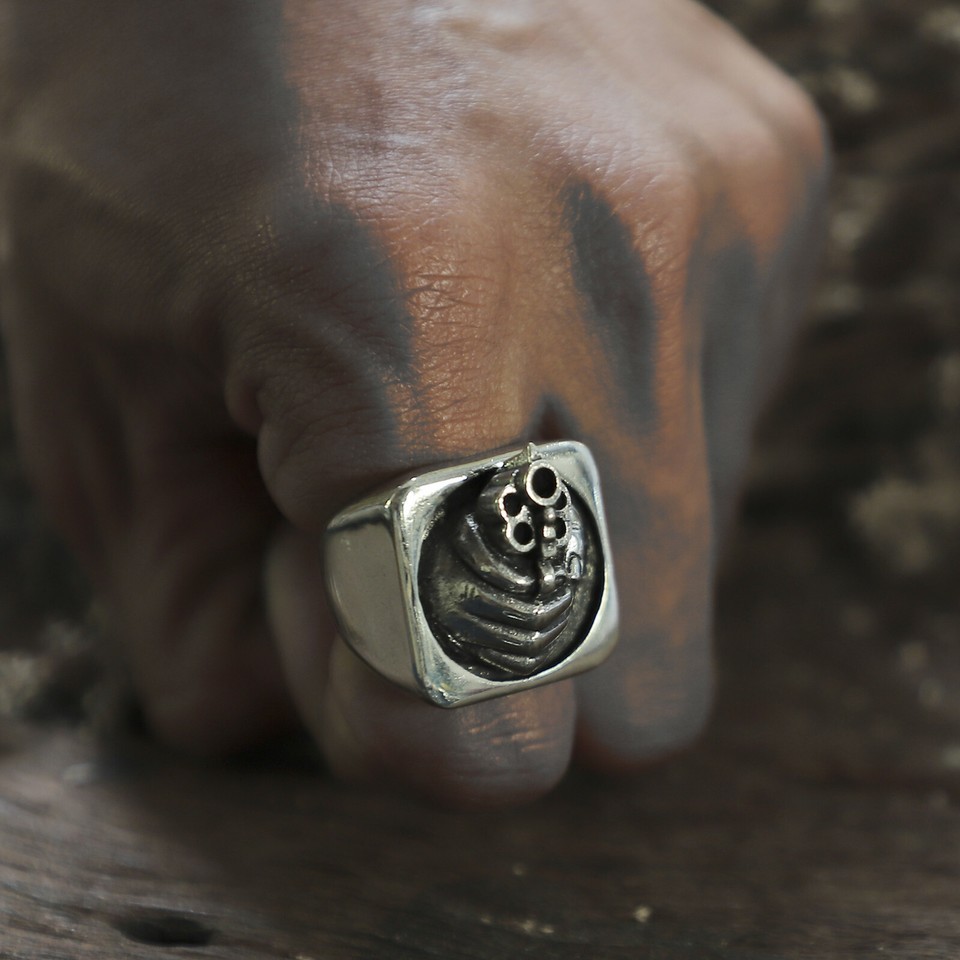 gun square Biker Ring sterling silver 925 Gothic punk gangster skull ...