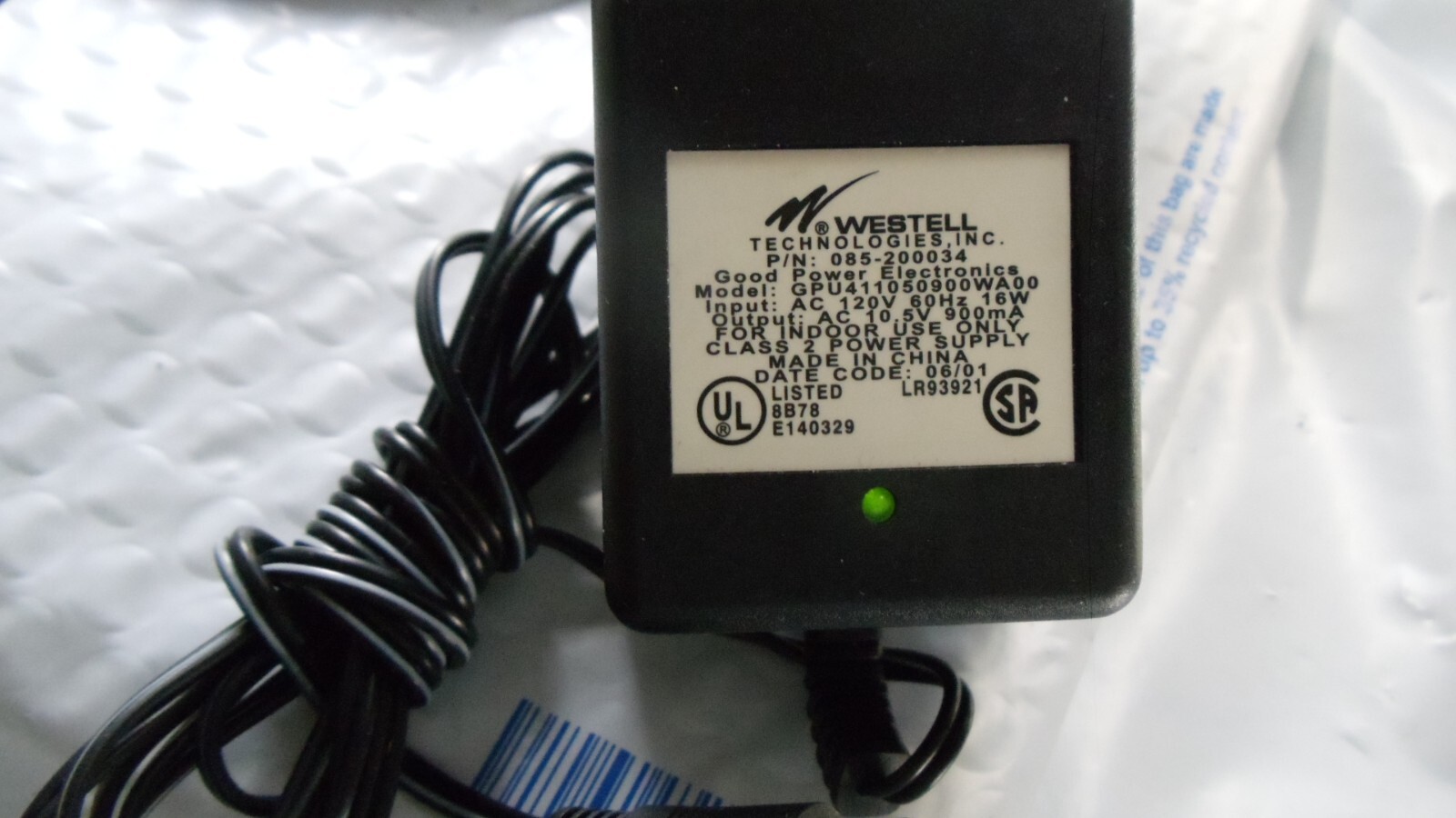 Westell 10.5V AC/AC Power Supply GPU411050900WA00 900mA Adapter P/N ...