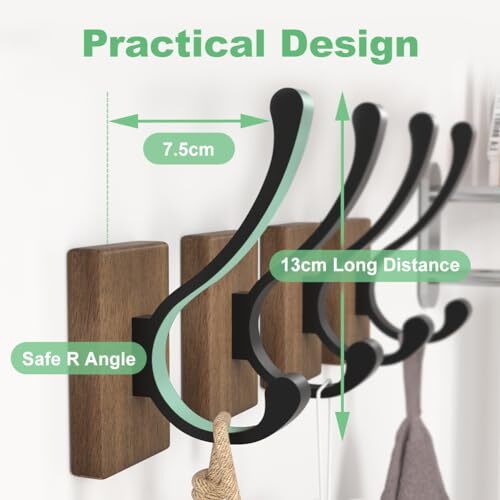Wood Wall Hooks for Hanging - 4 Pack Hooks Wall Mounted, Wooden ...