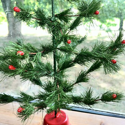 Rare VTG 50s/70s 21" FEATHER CHRISTMAS TREE RED BERRIES RED PLASTIC ...