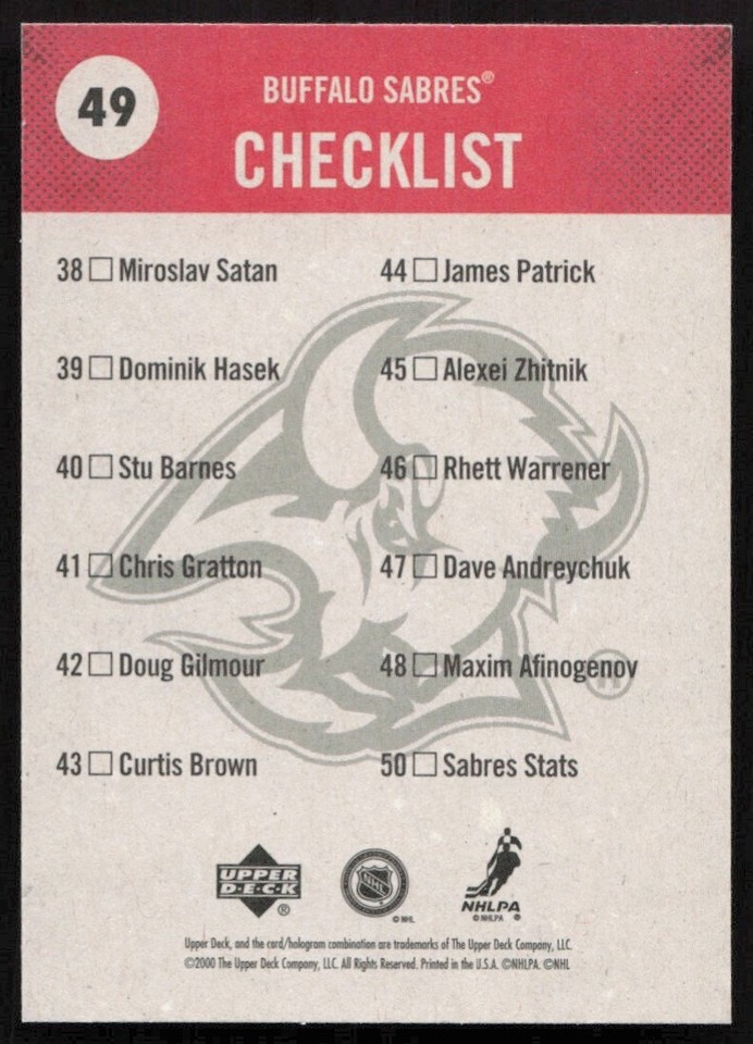 2000-01 Upper Deck Vintage #49 Miroslav Satan/Dominik Hasek/Rob Ray ...