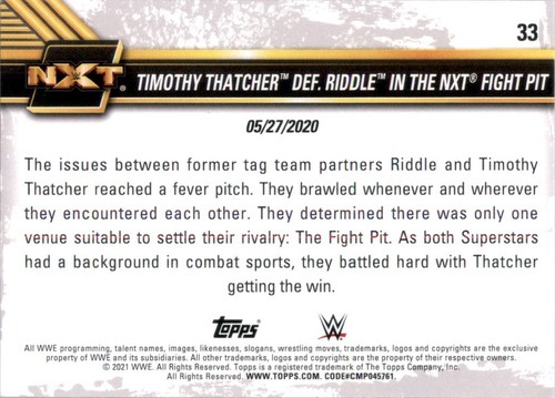 2021 Topps WWE NXT - Timothy Thatcher def. Riddle in the NXT Fight Pit ...