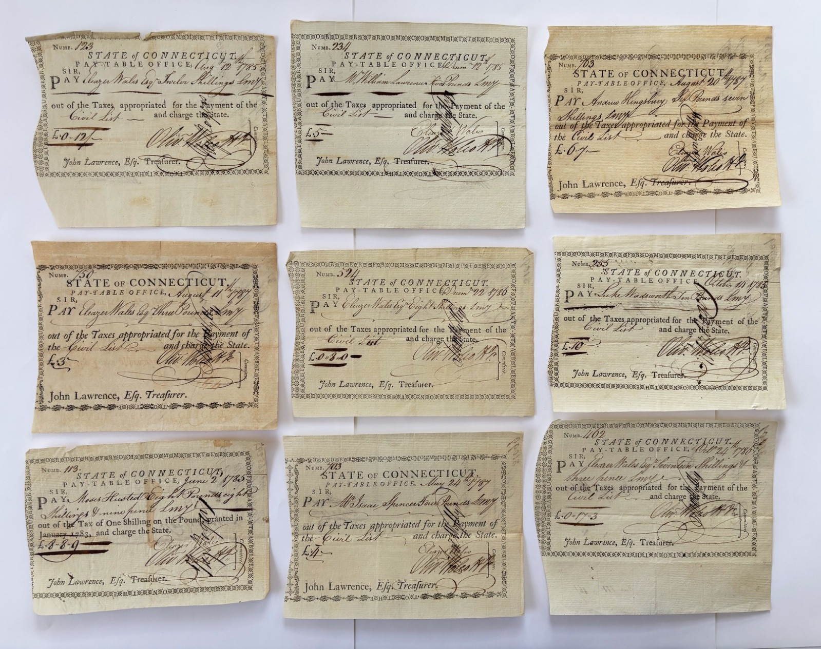 9 x 1780s OLIVER WOLCOTT JR signed State of Connecticut Pay Table ...