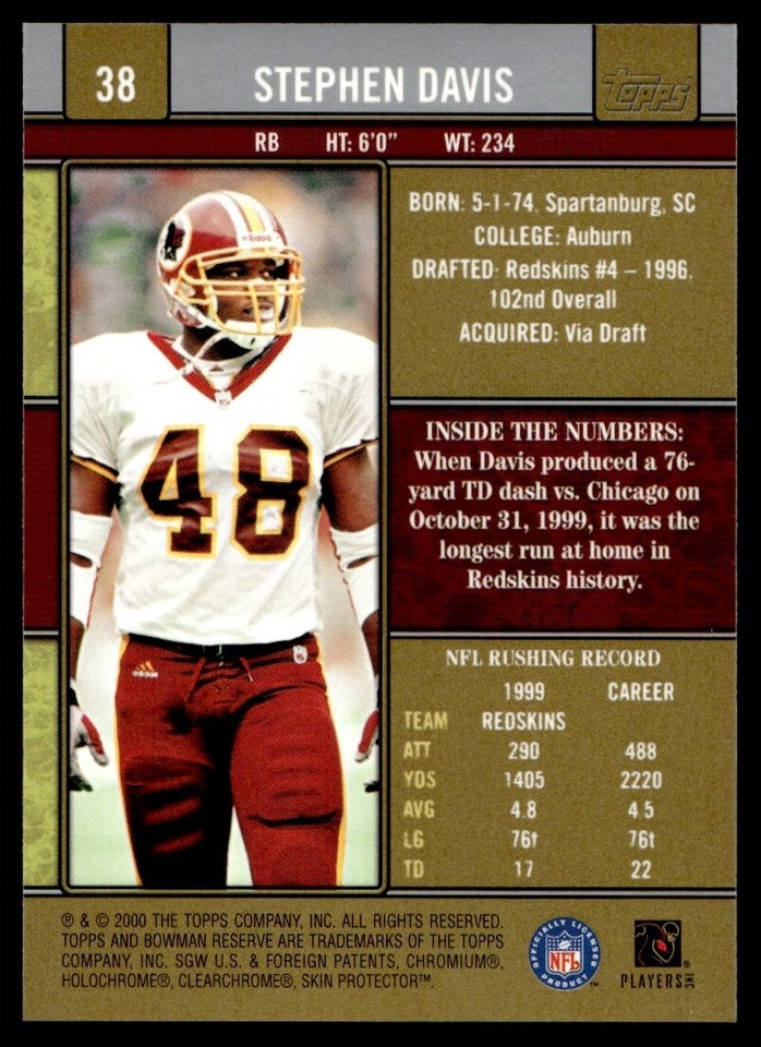 2000 Bowman Reserve Stephen Davis Washington Redskins #38 | eBay