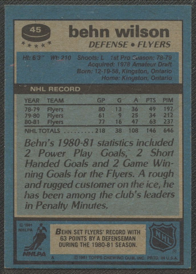 1981-82 Topps #45 Behn Wilson Philadelphia Flyers | eBay