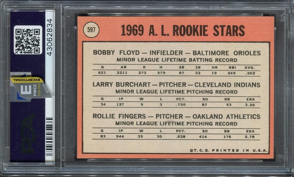 1969 TOPPS ROLLIE FINGERS RC A.L. ROOKIE STARS #597 PSA 8.5 ROOKIE ...