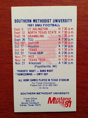 CFB 1981 SMU SOUTHERN METHODIST Football Schedule College FB Version 1 ...