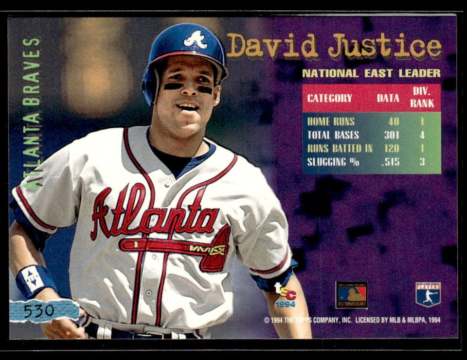 1994 Stadium Club #530 David Justice Braves Baseball Card 0403I | eBay