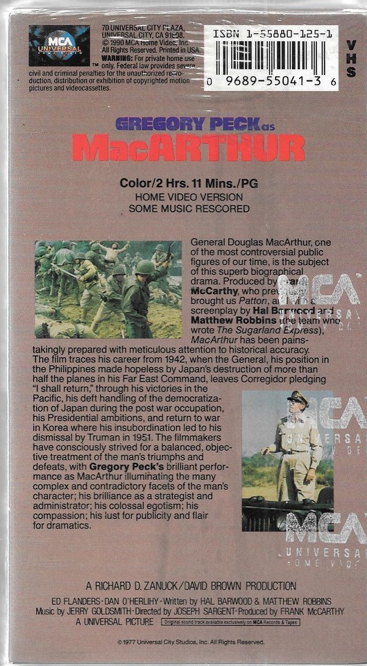 MCA Universal Gregory Peck as General Douglas MacARTHUR NEW VHS 1990 | eBay
