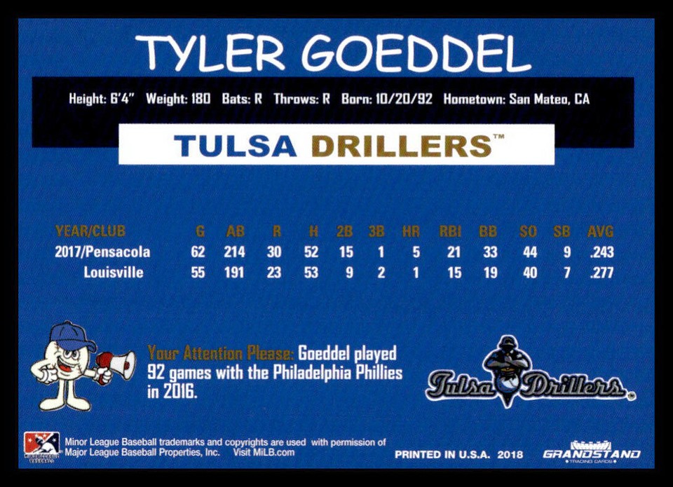 2018 Grandstand Tulsa Drillers Tyler Goeddel #NNO Team Card Tulsa Drillers | eBay