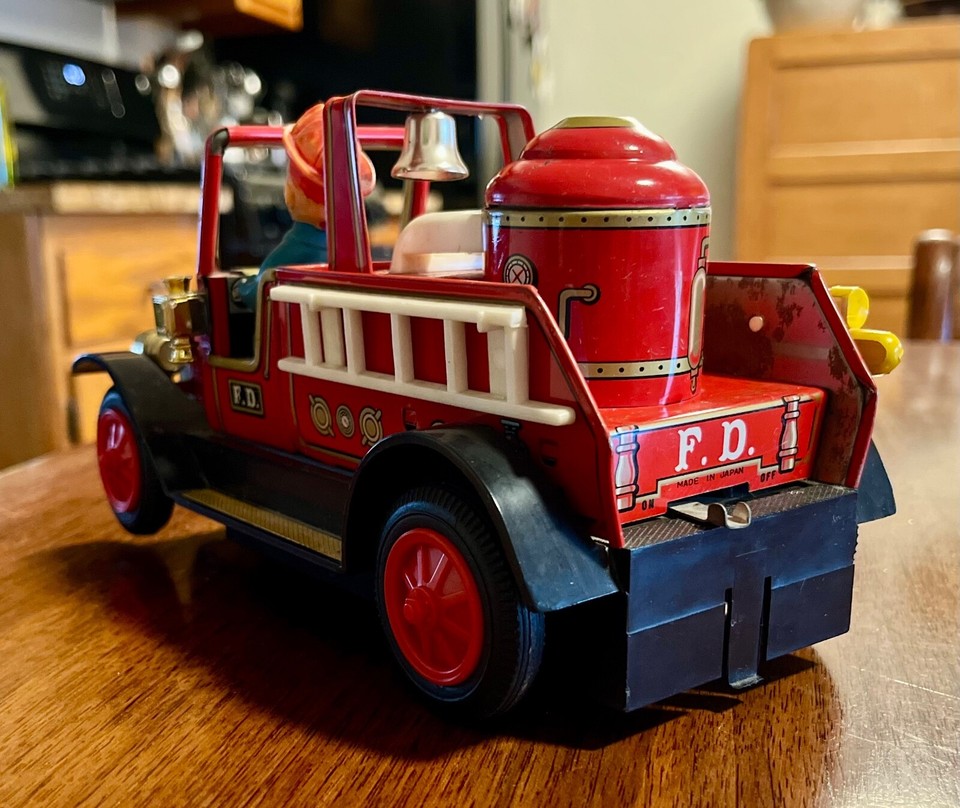 Vintage Bandai Toy Fire Truck Fireman Fighter Tin Graphics Made in ...