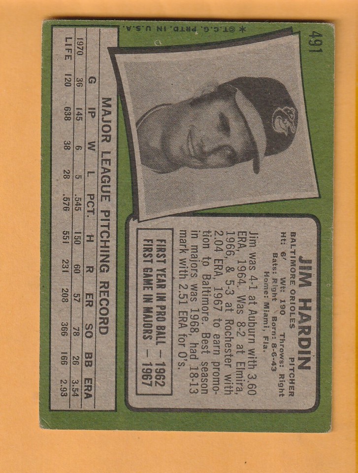 Jim Hardin Baltimore Orioles 1971 Topps #491 Memphis State Tigers | eBay