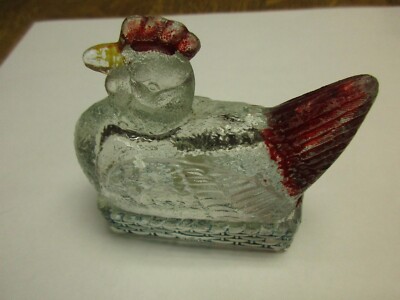 Vintage CHICKEN on a BASKET Hen Glass CANDY CONTAINER Rare Find Slide ...