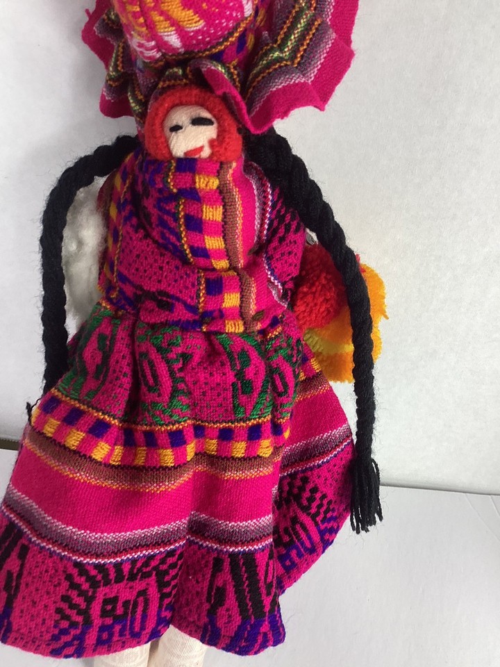 PERUVIAN FOLK ART CLOTH DOLL CARRYING BABIES LAMA TEXTILE Embroidered ...